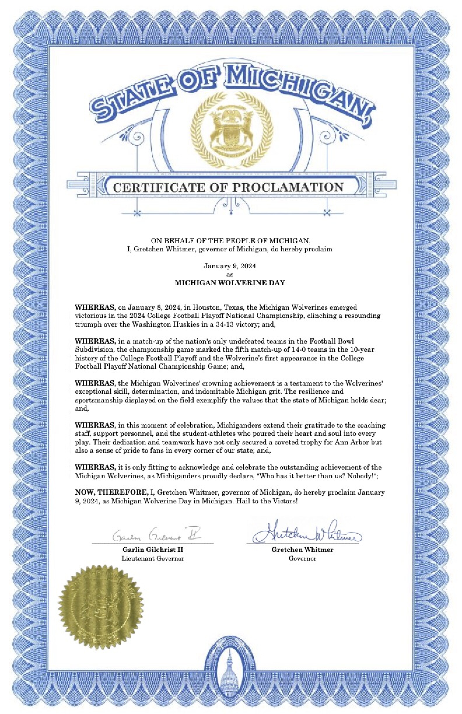 Governor Gretchen Whitmer proclaims Jan. 9 'Michigan Wolverine Day' Governor Gretchen Whitmer proclaims Jan. 9 'Michigan Wolverine Day'
