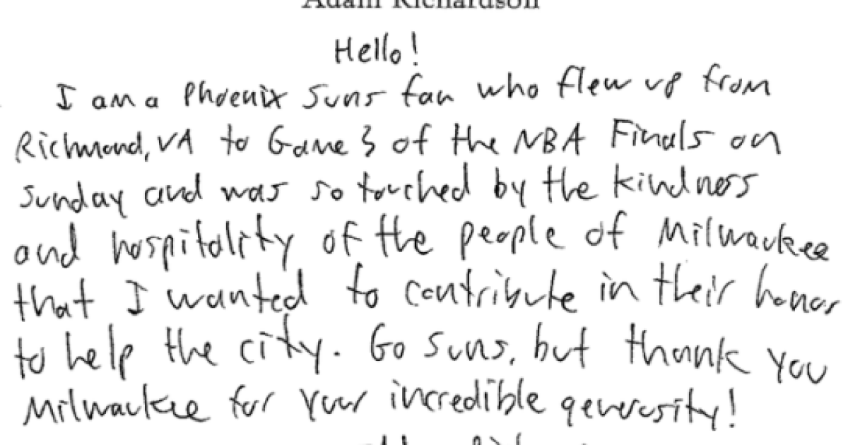 Suns fan donates to charity to thank Bucks fans for kindness