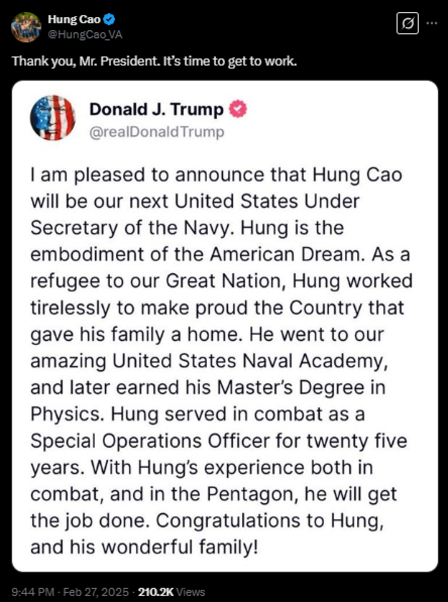 Hung Cao named new Under Secretary of the Navy
