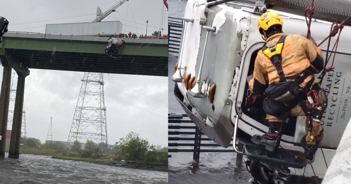 Firefighter rescues driver trapped in semi dangling off bridge